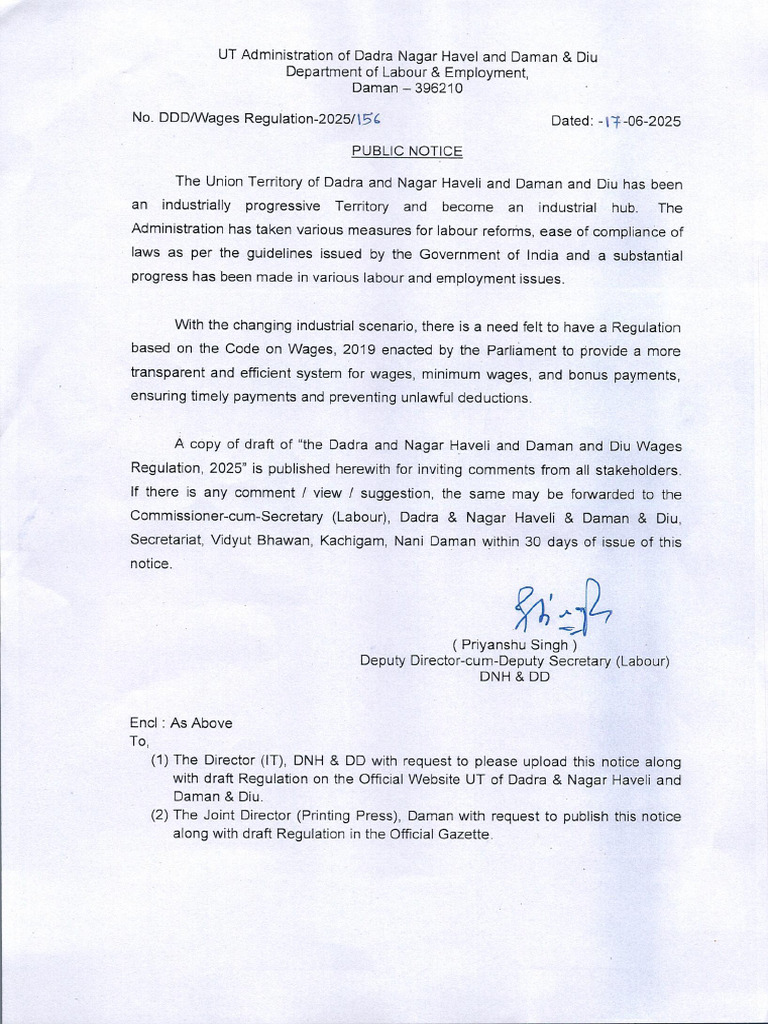 Draft Dadra and Nagar Haveli and Daman and Diu Wages Regulation 2025 | PDF | Cost Of Living ...