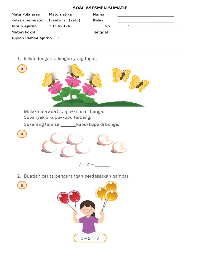Kelas 1 - Asesmen Sumatif Matematika | PDF