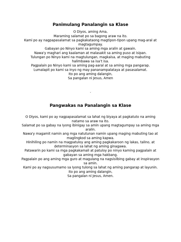 Panimulang Panalangin Sa Klase | PDF