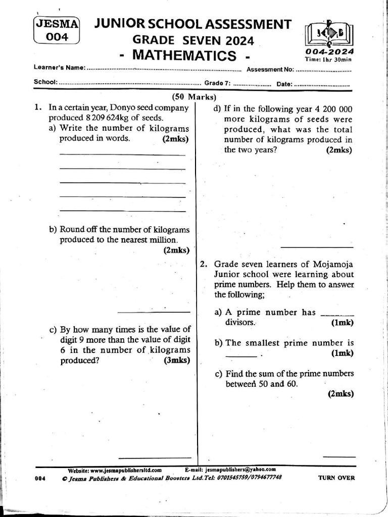 Grade 7 004 Jesma All Subjects With Marking Scheme PDF | PDF