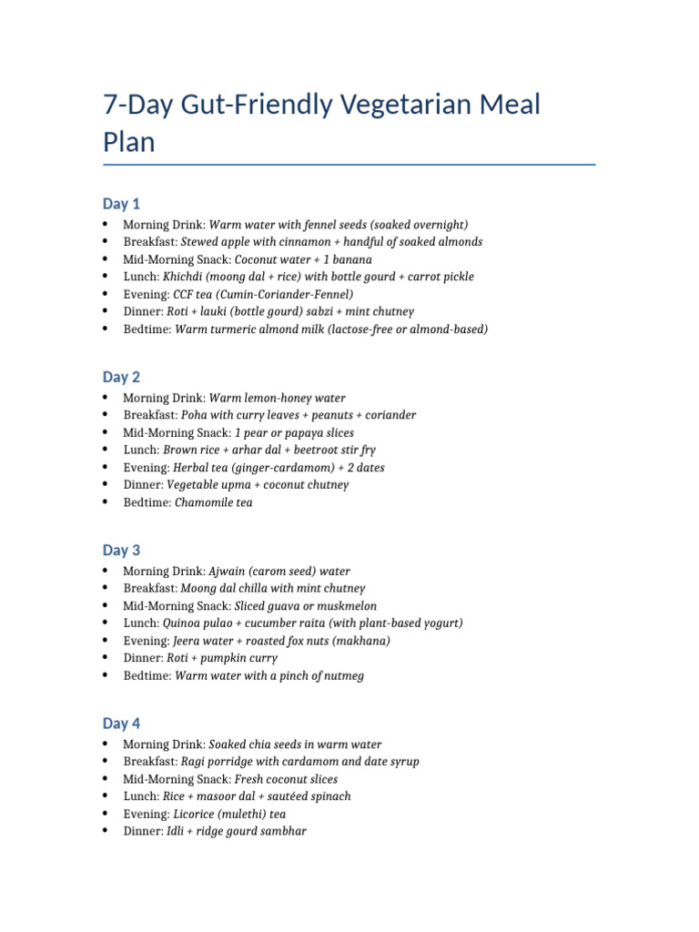 7-Day Vegetarian Gut Health Meal Plan | PDF | Chutney | Lunch