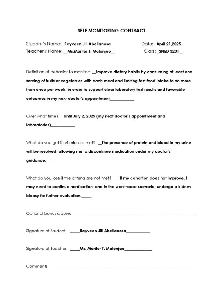 Self Monitoring Contract - Abellanosa | PDF | Meal | Foods