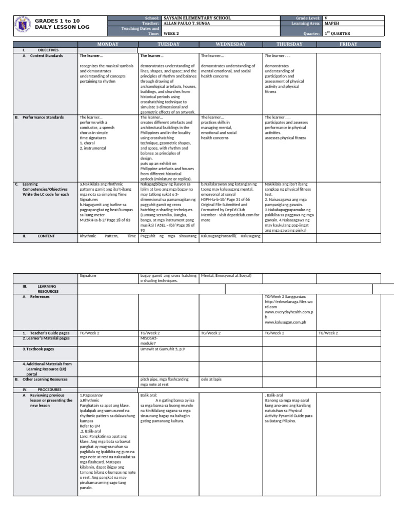 DLL - Mapeh 5 - Q1 - W2 | PDF