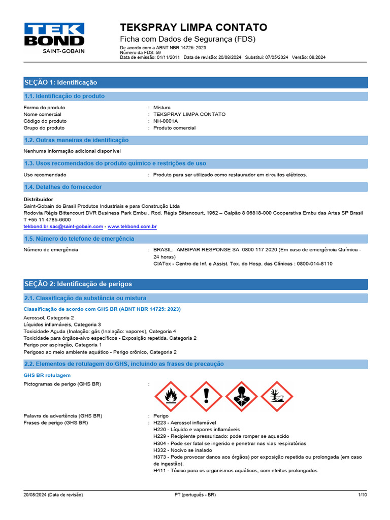 Ficha de Segurança TEKSPRAY Limpa Contato | PDF | Incêndios | Calor