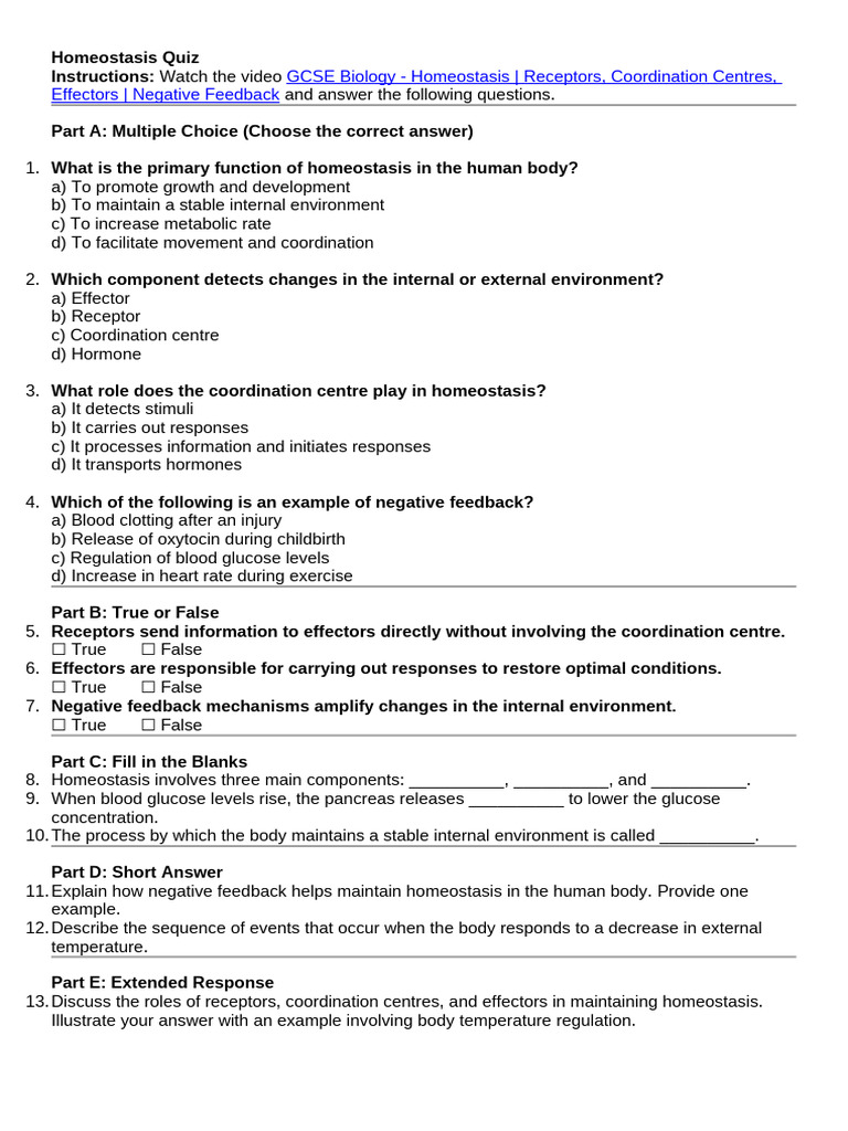 Homeostasis Quiz | PDF