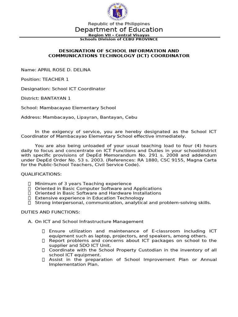 DESIGNATION-OF-School-ICT-Coordinator For Development | PDF | Educational Technology ...