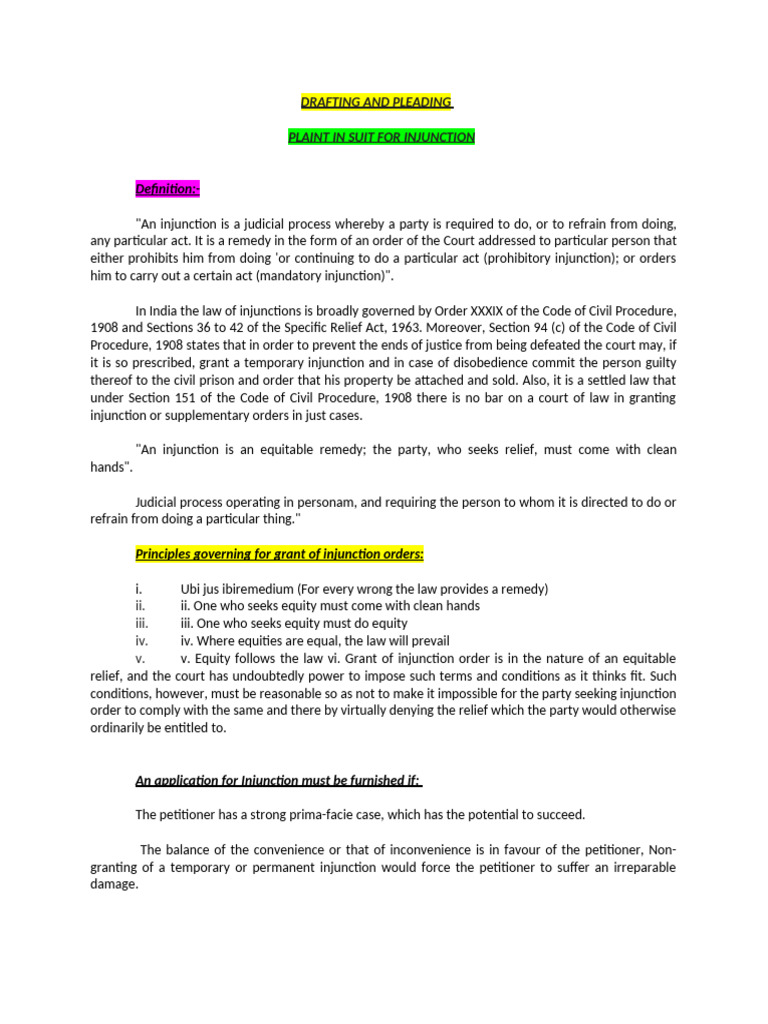 Plaint in Suit Injunction | PDF | Injunction | Legal Remedy