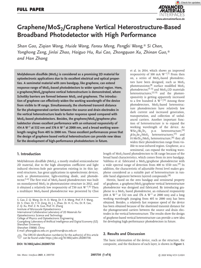 Adv Materials Inter - 2020 - Gao - Graphene MoS2 Graphene Vertical ...
