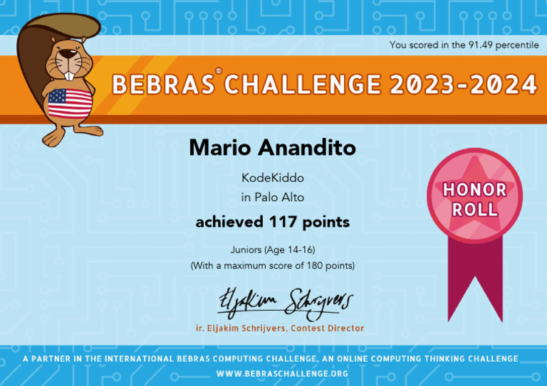 Certificates KodeKiddo - Bebras Challenge 2023-2024 - Juniors (Age 14 ...