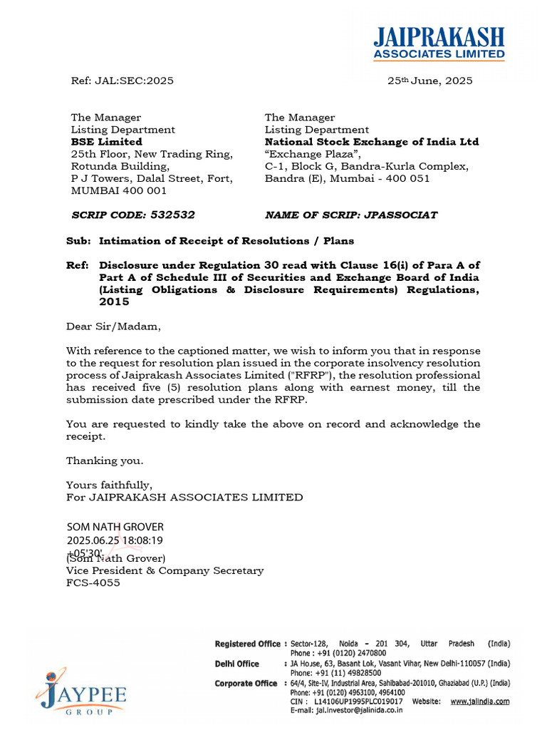 JPASSOCIAT 25062025181630 Intimation of Receipt of Resolutions Plans | PDF