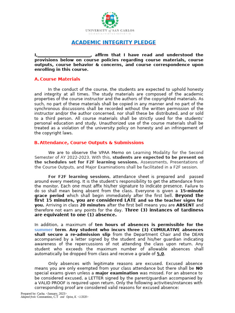 Revised Academic Integrity Pledge SUMMER 2024 | PDF