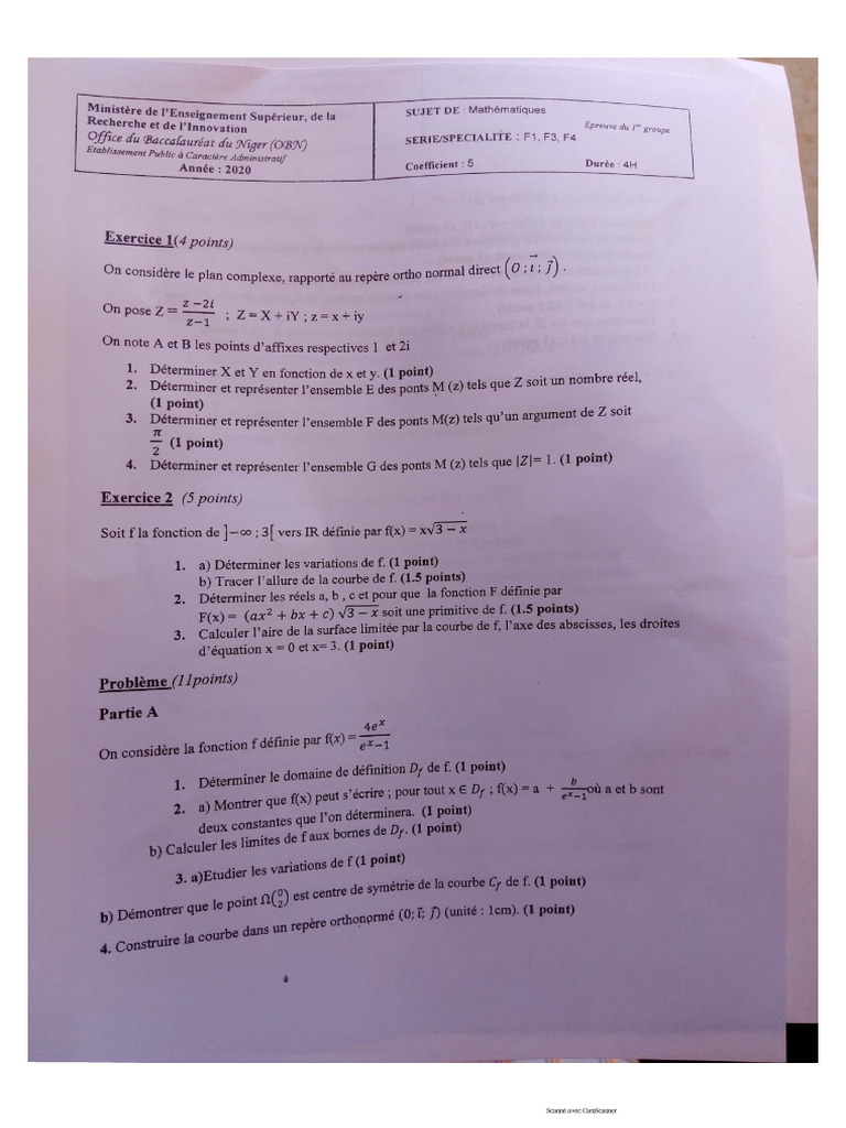 BAC Niger 2020 MATHS Série F1, F3, F4-1 | PDF