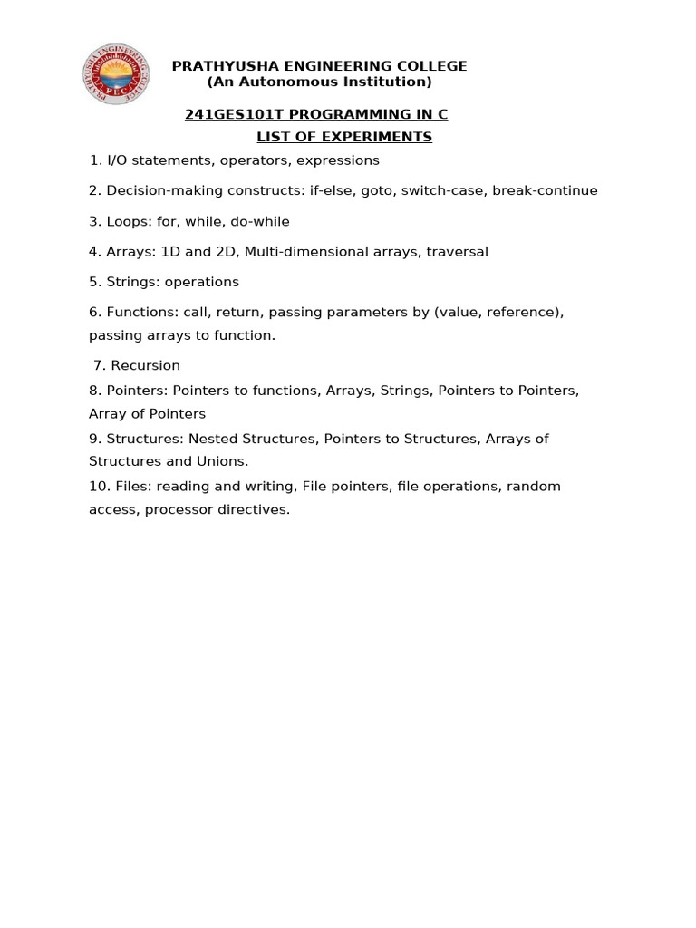 Programming in C Syllabus | PDF