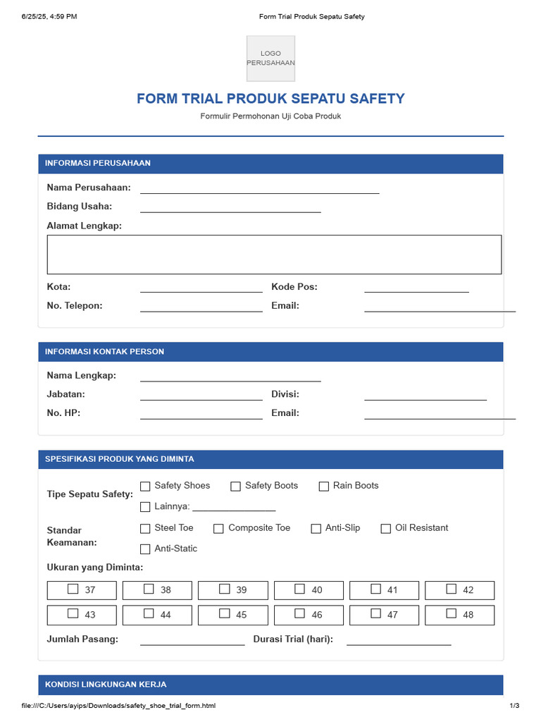 Form Trial Produk Sepatu Safety | PDF