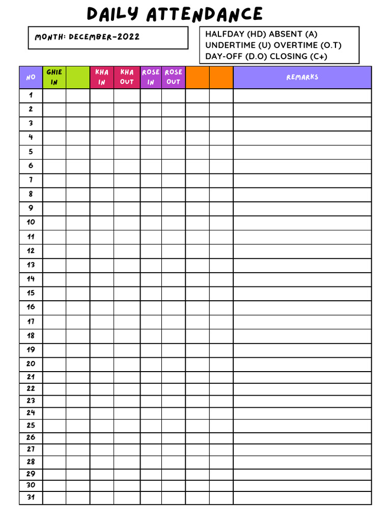 Minimalist White Purple Daily Attendance Printable Sheet | PDF