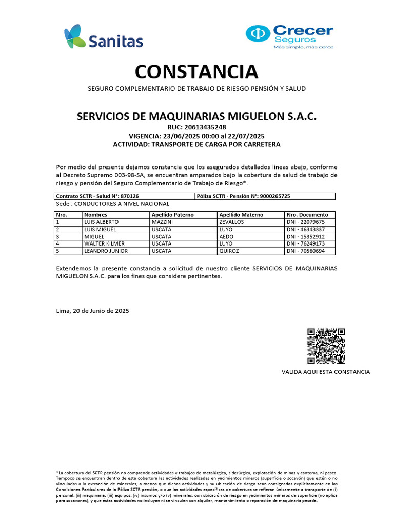 Constancia - 2025-06-20T095240.807 | PDF | Póliza de seguros | Minería