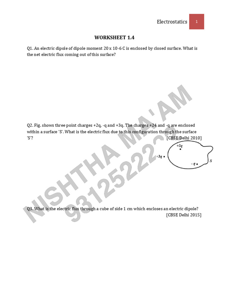 ELECTROSTATICS Worksheet 1.4 | PDF | Electric Field | Sphere