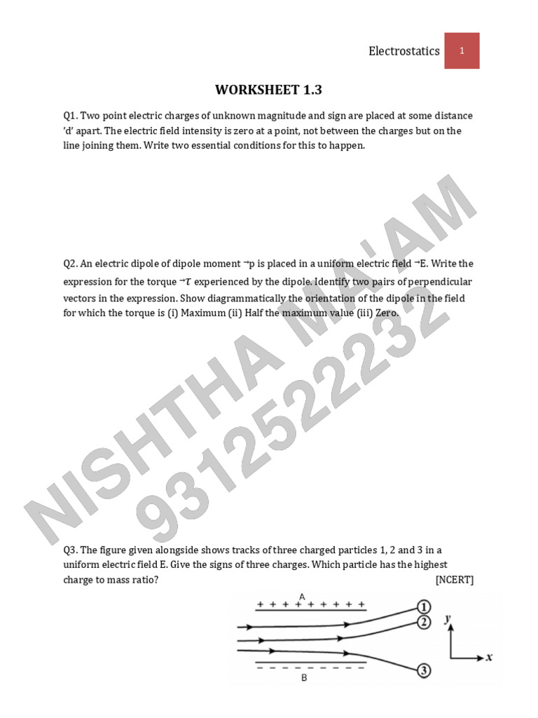 ELECTROSTATICS Worksheet 1.3 | PDF | Electric Field | Dipole