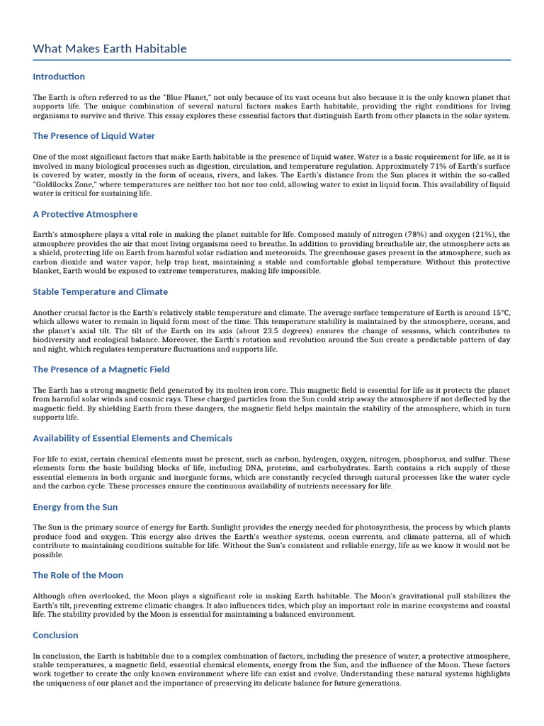 What Makes Earth Habitable Essay | PDF | Earth | Atmosphere