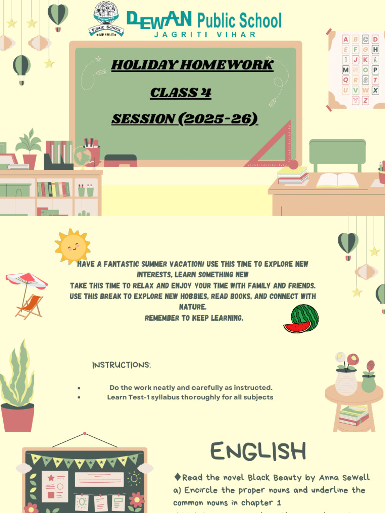 Holiday Homework Class 4 (2025-26) | PDF