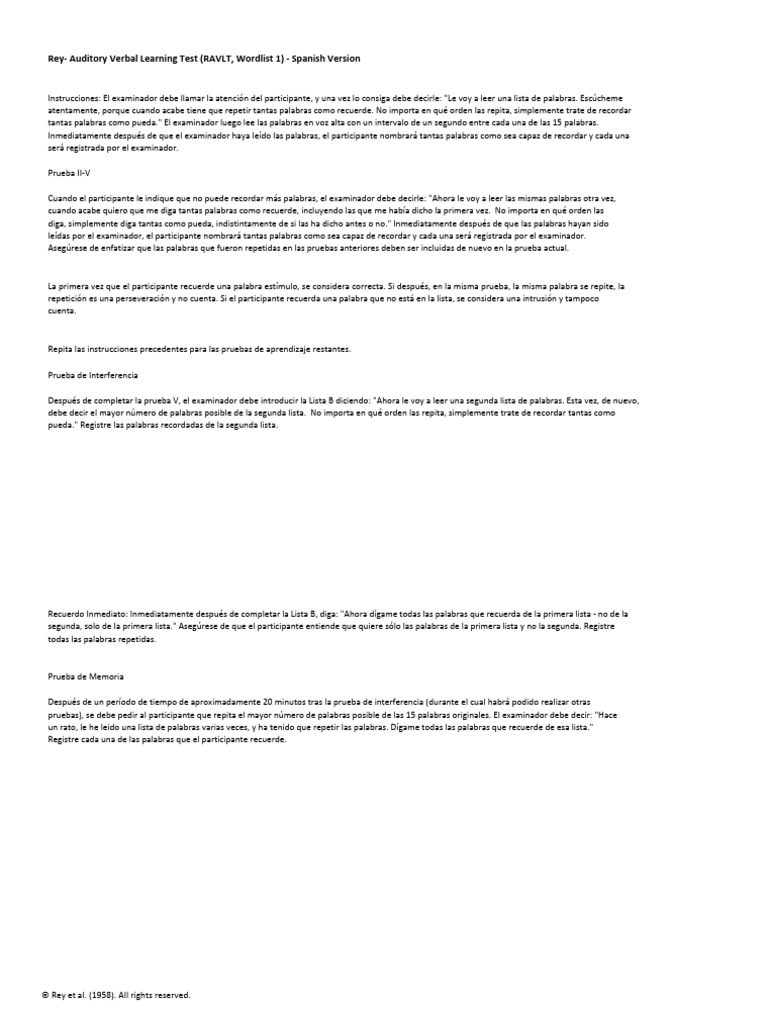 Rey - Auditory Verbal Learning Test (RAVLT) TEST & MANUAL | PDF