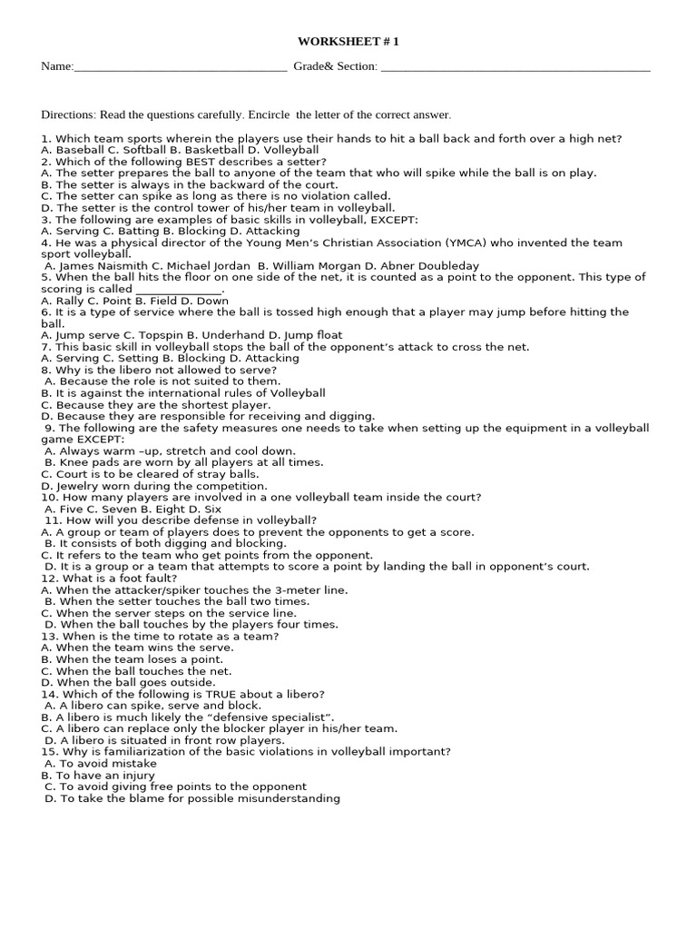 WORKSHEET #1-grade 11 for second sem | PDF | Volleyball | Indoor Sports