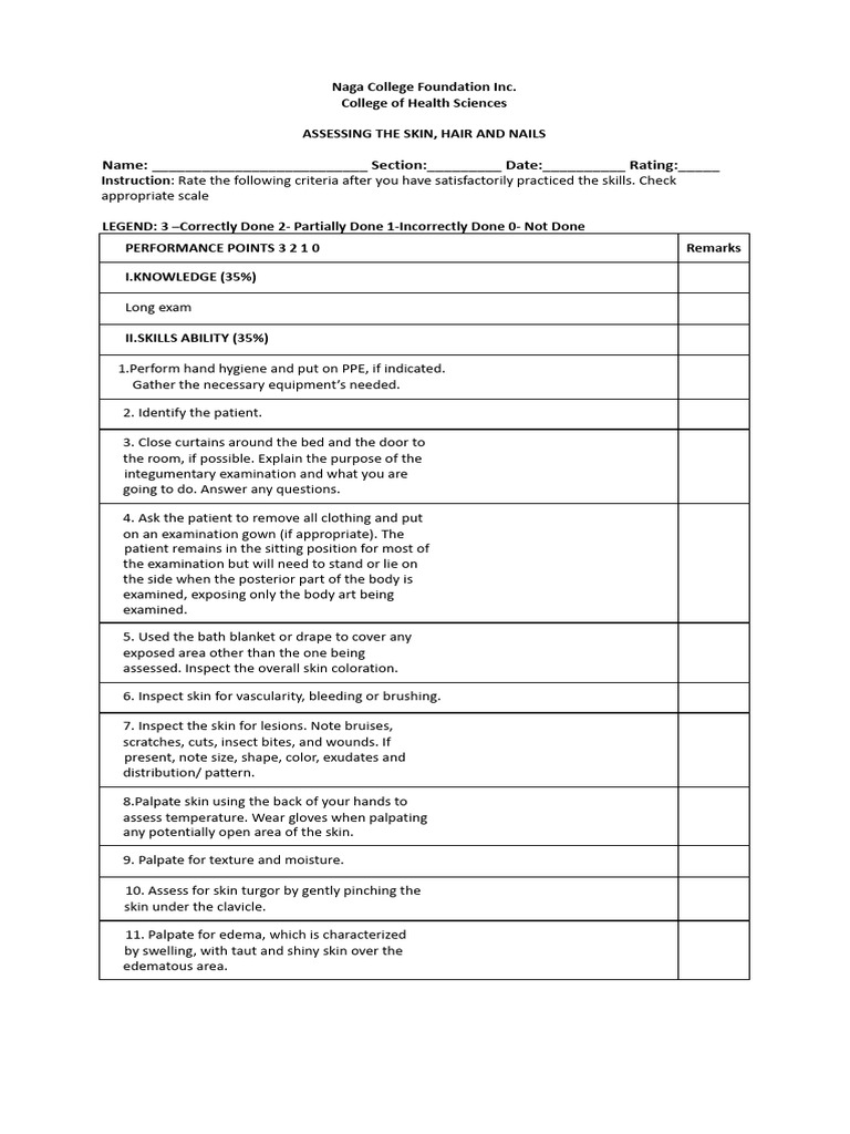 Checklist For Skin Hair and Nail Assessment | PDF | Medical Specialties