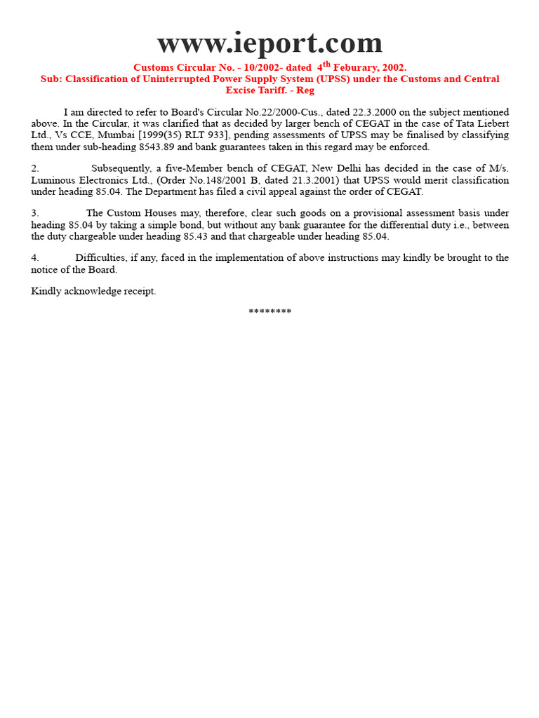 Circular No. 10 2002-Cus | PDF