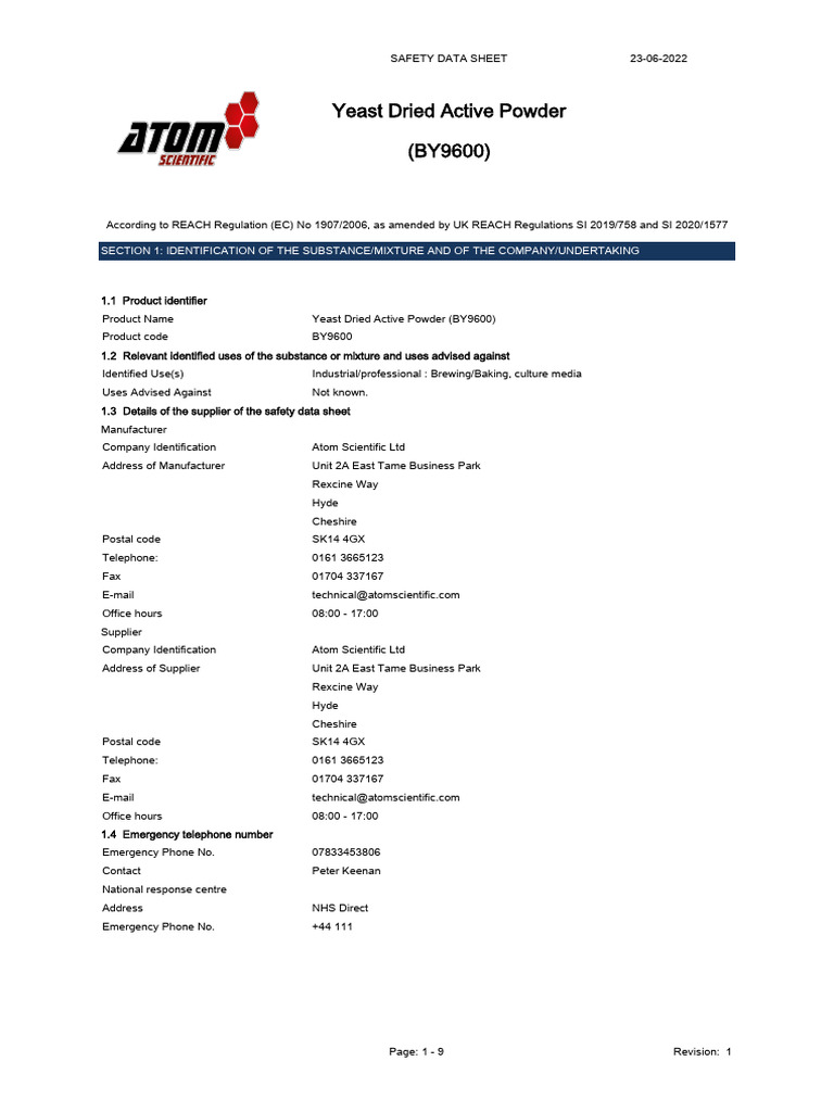 Yeast Dried Active Powder By9600 | PDF | Dangerous Goods | Toxicity