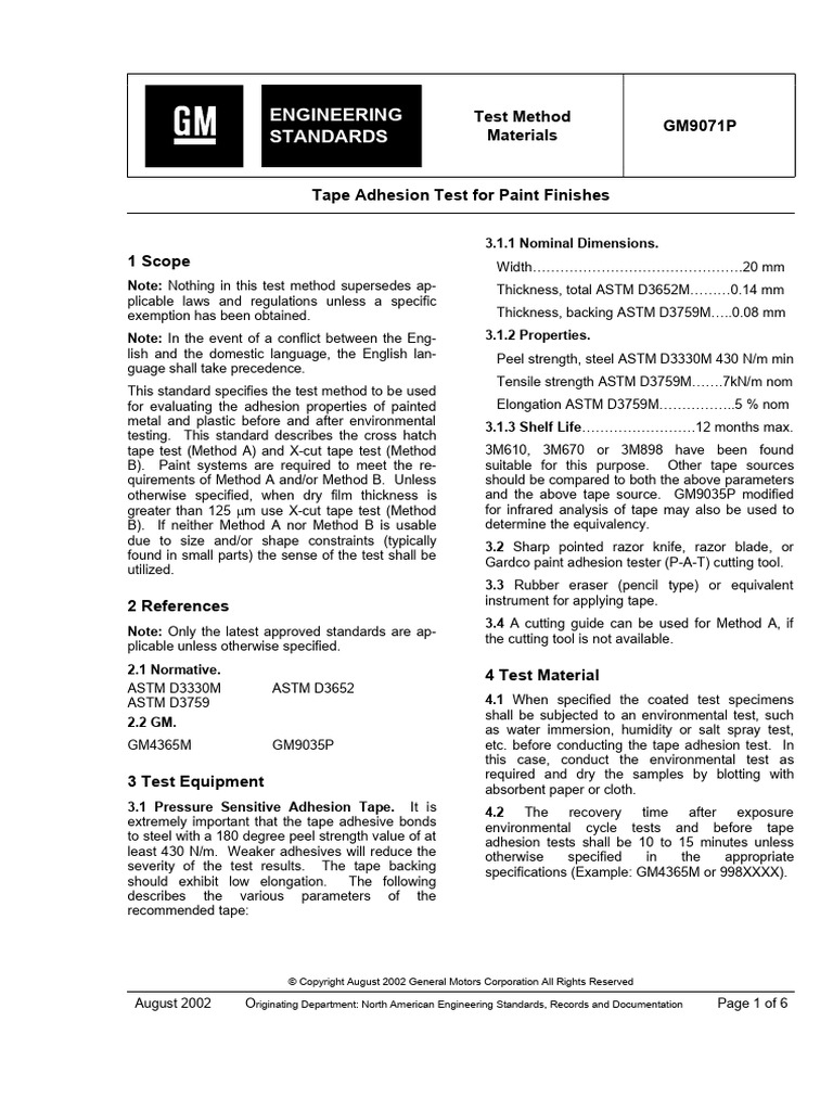 Tape Test For Paint Finishes GM9071P | PDF | Paint | Materials