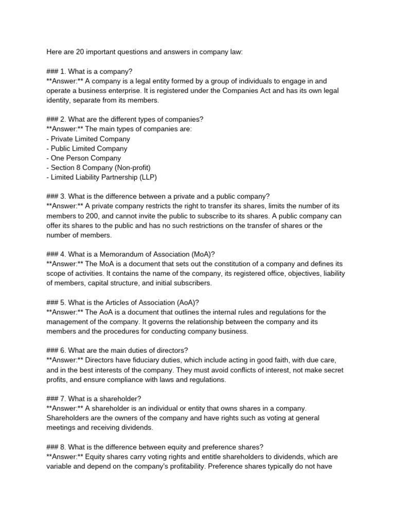 Here Are 20 Important Questions and Answers in Company Law | PDF ...
