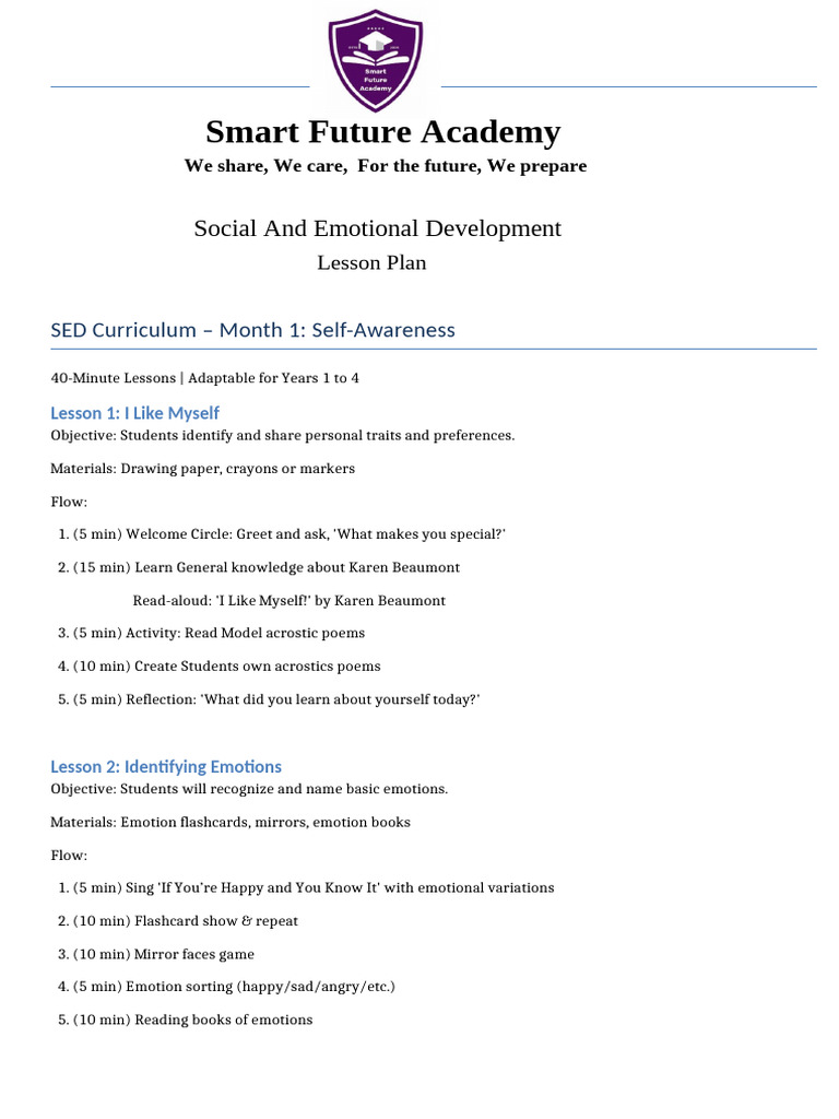 SEL Curriculum Month1 SelfAwareness | PDF