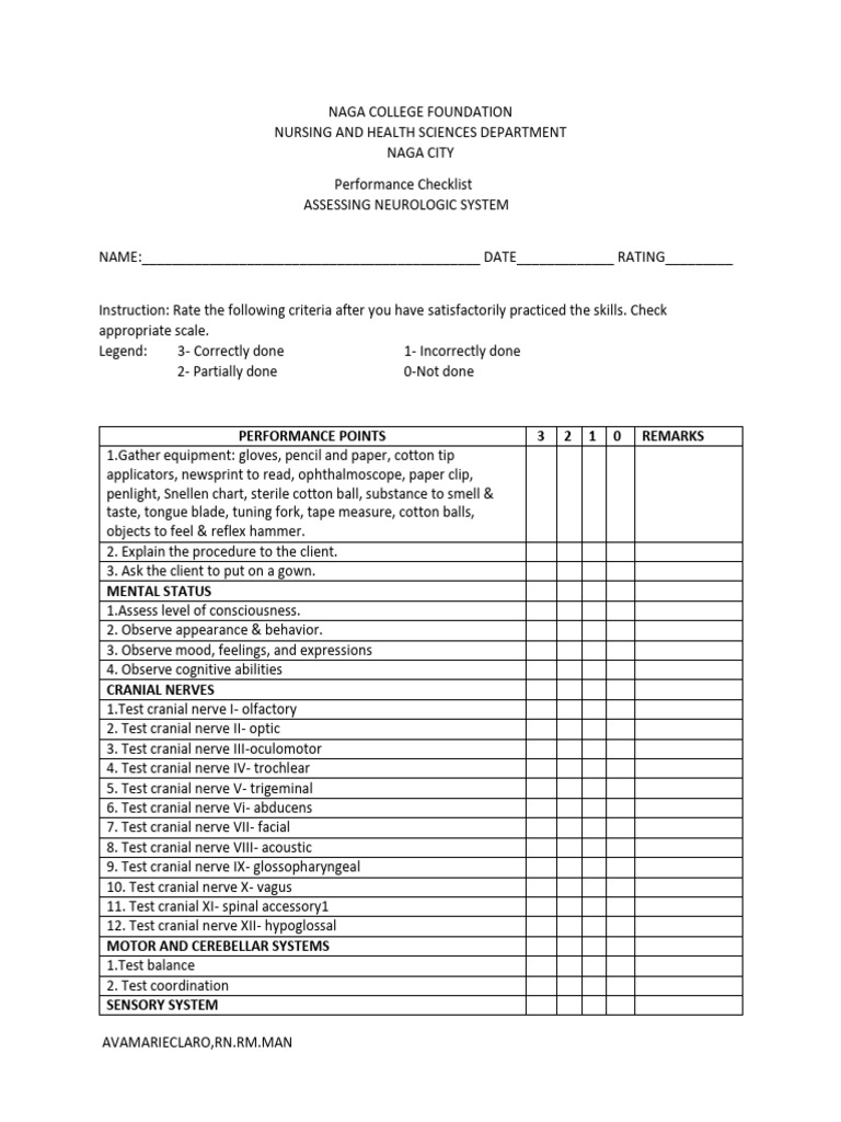 Neurologic System Assessment Checklist | PDF | Nervous System | Human ...