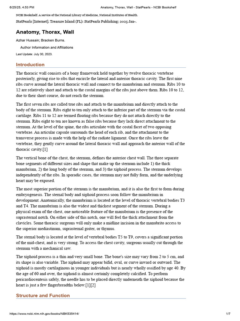 Anatomy, Thorax, Wall - StatPearls - NCBI Bookshelf | PDF | Thorax ...
