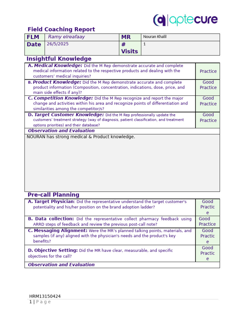 Field Coaching Report for Medical Rep | PDF | Communication | Human ...