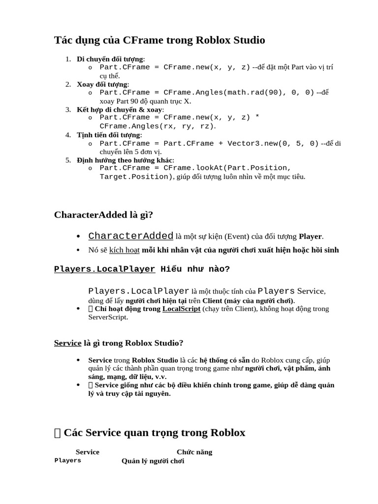 Tác D NG C A CFrame Trong Roblox Studio | PDF