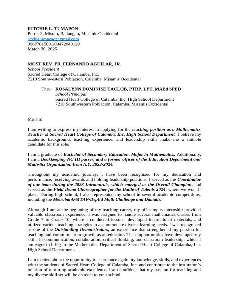 Application Letter (Sample) | PDF | Teachers | Education Theory