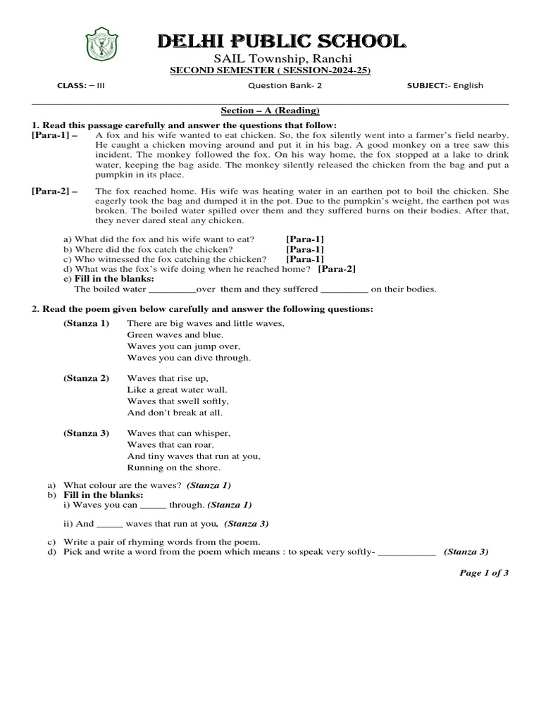 Class 3 English Question Bank PDF | PDF | Planets | Earth