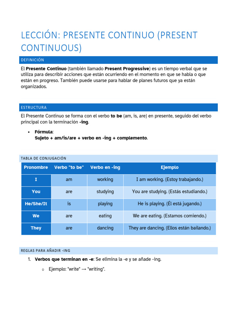Guía del Presente Continuo en Inglés | PDF | Verbo | Lingüística