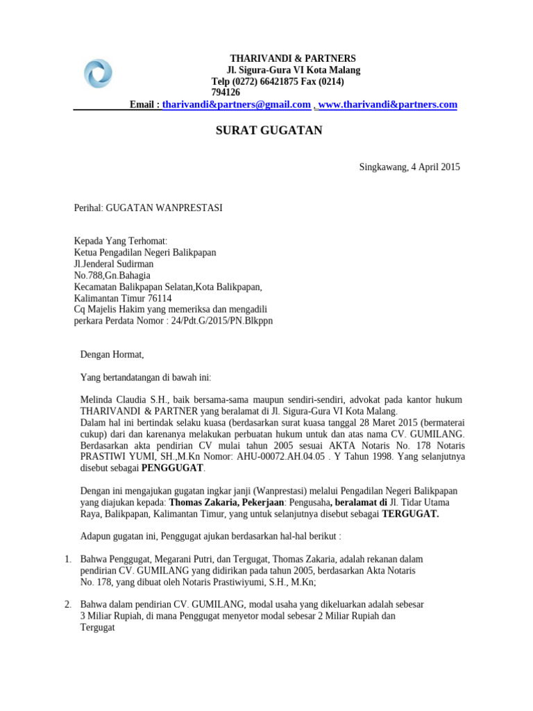 Surat Gugatan Perdata Fix | PDF