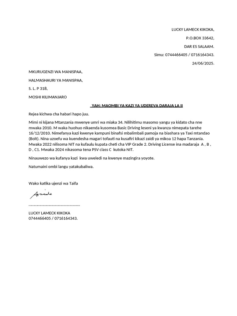 Barua Ya Maombi Ya Kazi Ya Dereva - Lucky Lameck Kikoka-3 | PDF