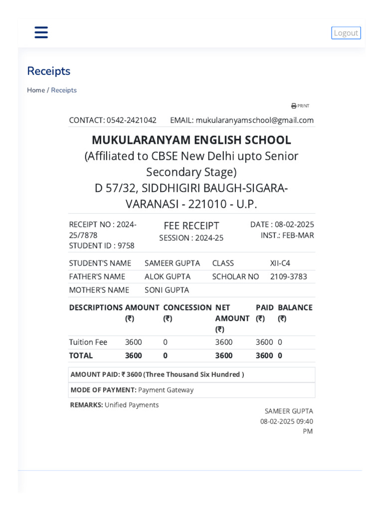 Sameer Mres Fees Receipt | PDF