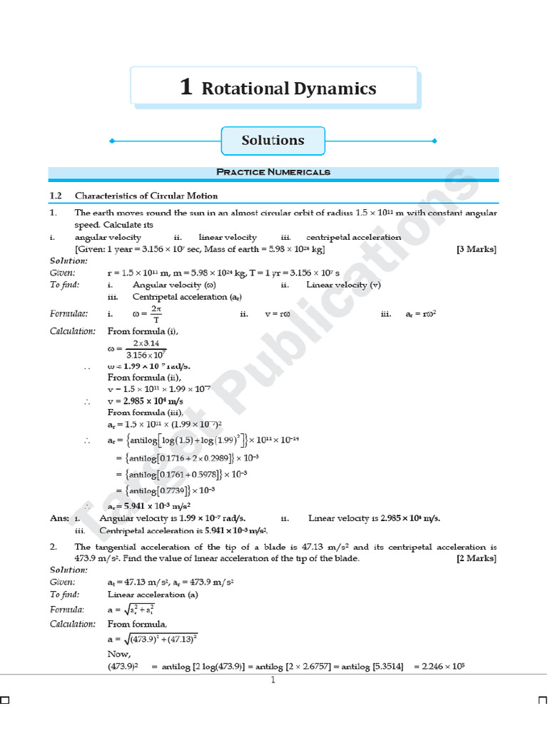 Std. 12th Perfect - Physics Vol. I - Solutions To Practice Numericals, Additional Numericals For ...