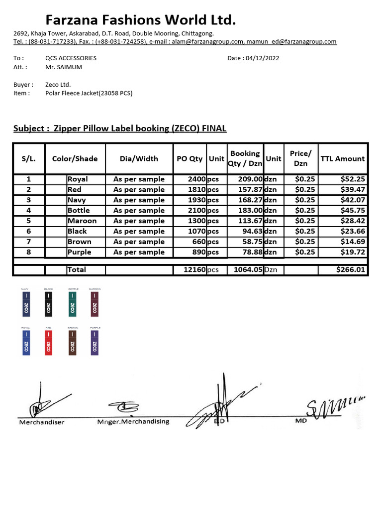 Zipper Pillow Label Booking Details | PDF