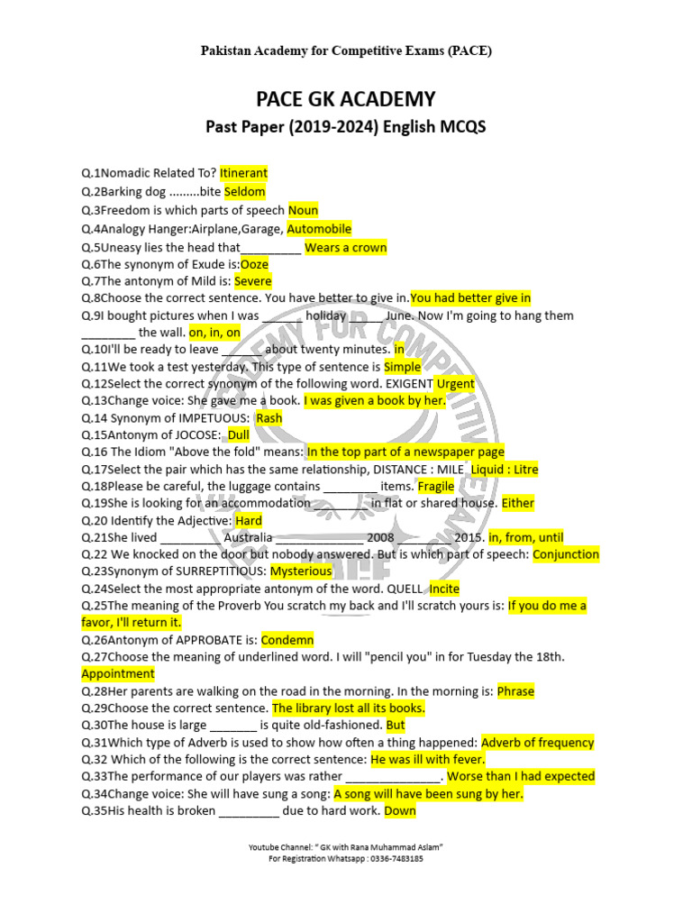 PACE Academy English MCQs 2019-2024 | PDF | Part Of Speech | Adverb