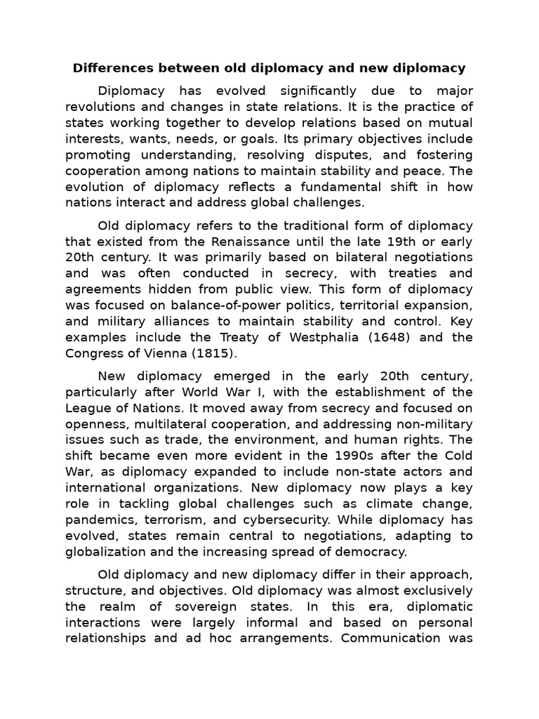 Differences Between Old Diplomacy and New Diplomacy | PDF | Diplomacy | Multilateralism