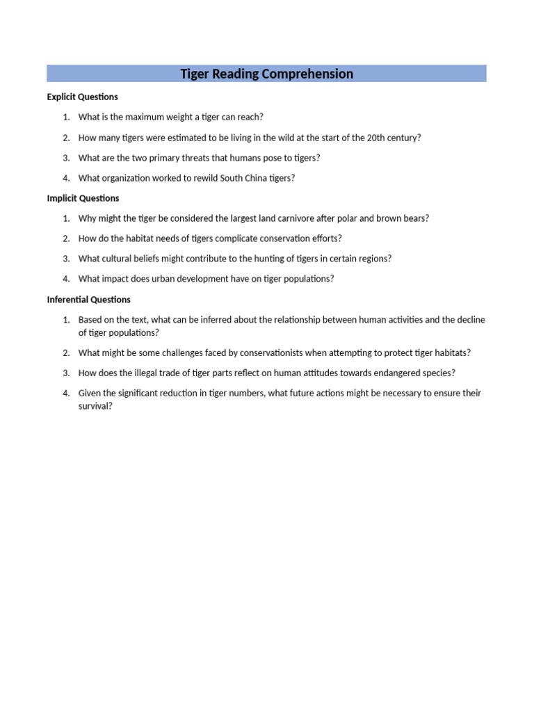 Tiger Reading Comprehension | PDF