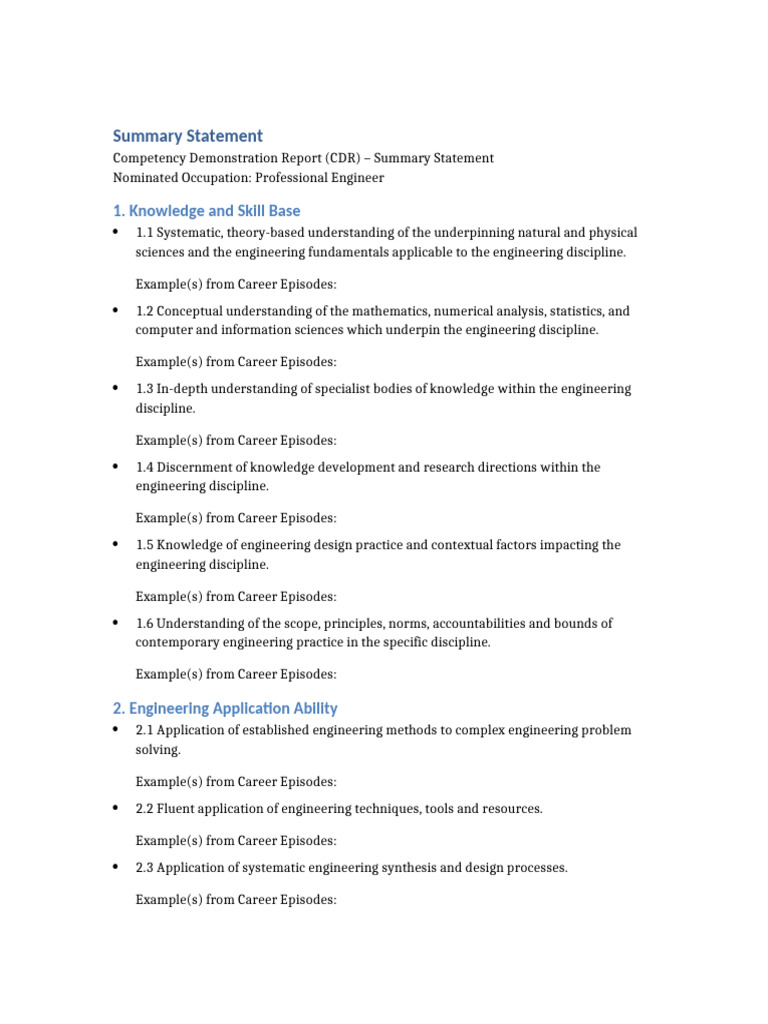 Summary Statement Professional Engineer Template | PDF