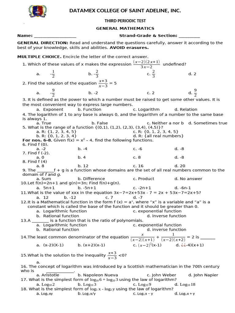 General Math 3rd Periodic Test | PDF | Function (Mathematics) | Logarithm
