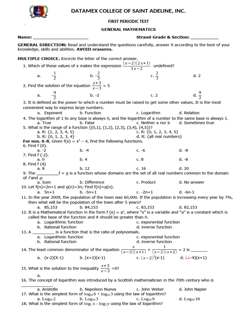 General Math 1st Periodic Test | PDF | Function (Mathematics ...